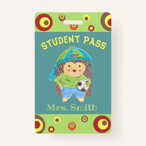 Boy hedgehog student hall pass badge | Zazzle