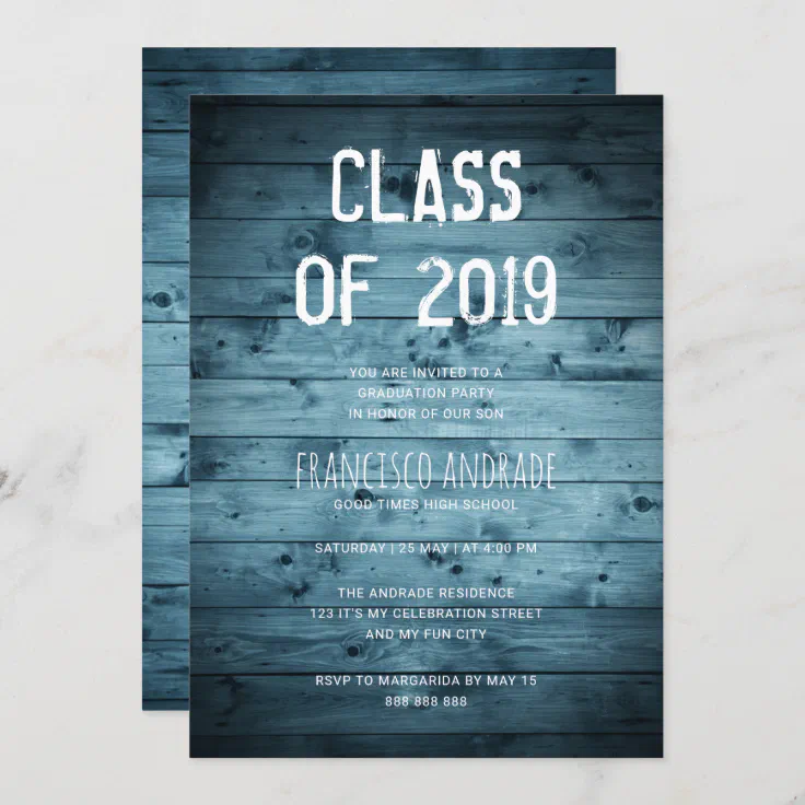 Boy High School Graduation Party 2019 Rustic Blue Invitation | Zazzle