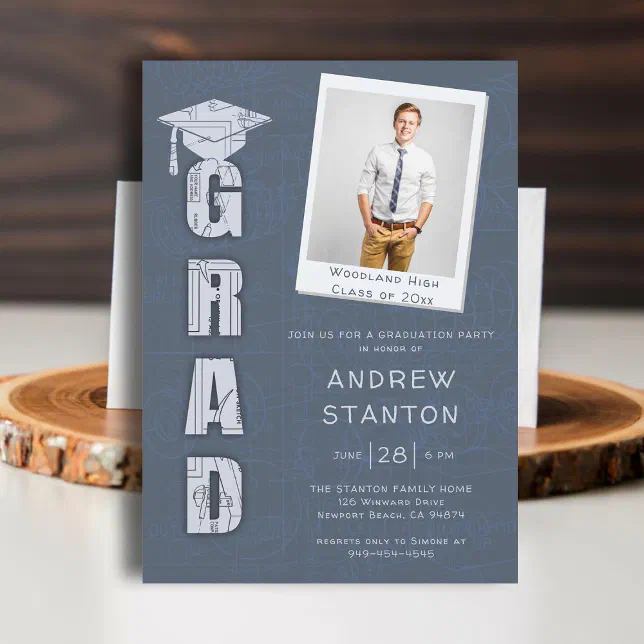 Boy High School Graduation Science Tech Gray Photo Invitation | Zazzle