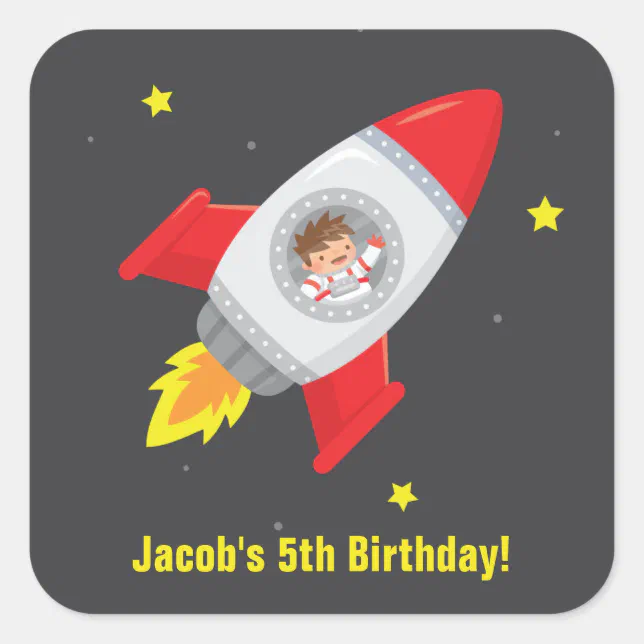 Boy in Rocket Ship Space Birthday Party Stickers | Zazzle