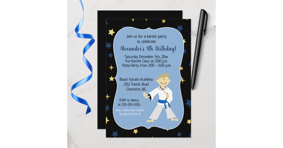 Boy Karate Birthday Invitations Blue Belt | Zazzle