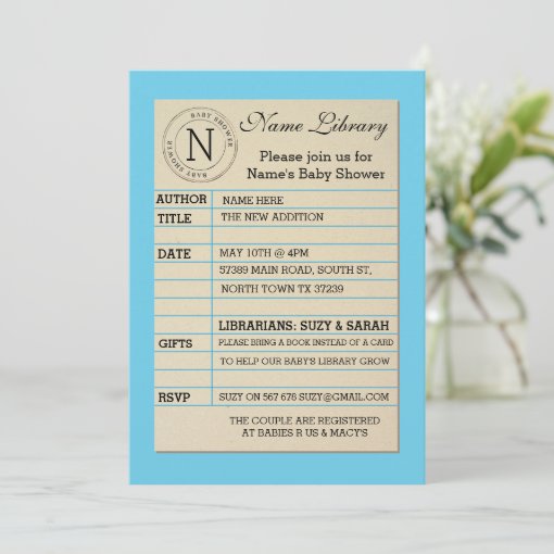 Boy Library Card Baby Shower Blue Invitation | Zazzle
