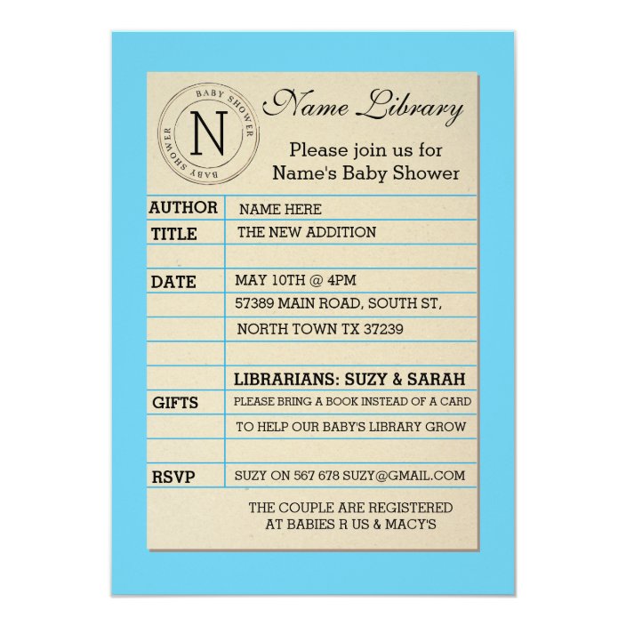 Boy Library Card Baby Shower Blue Invitation | Zazzle.com