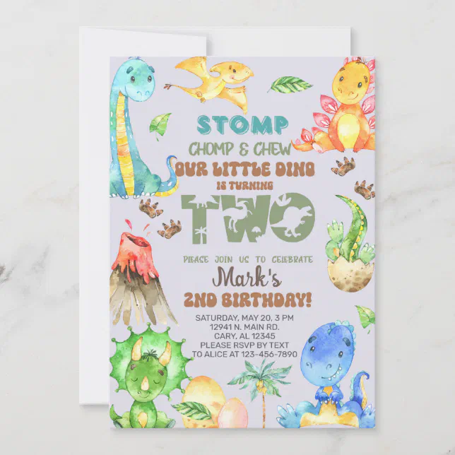 Boy little dino is turning two 2nd birthday. invitation | Zazzle