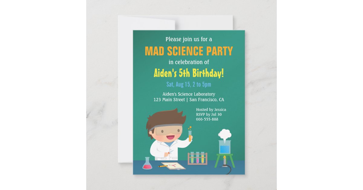 Boy Loves Mad Science Birthday Party Invitations | Zazzle