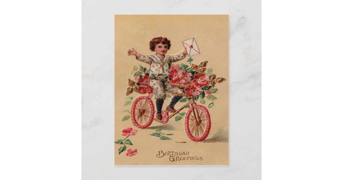 Boy Mail Pink Flower Bicycle Birthday Postcard | Zazzle