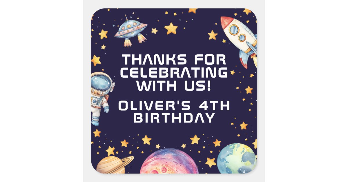 Boy Modern Space Rocket Ship Birthday Party Favors Square Sticker | Zazzle