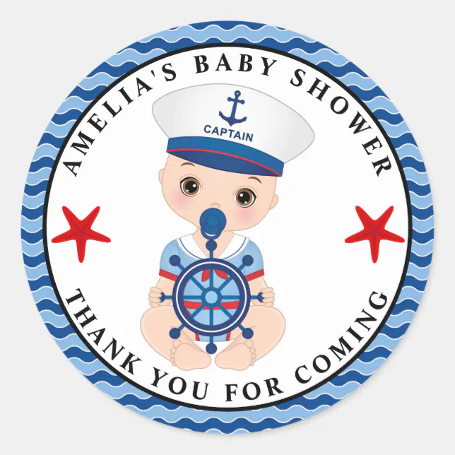 Boy Nautical Baby Shower Classic Round Sticker | Zazzle