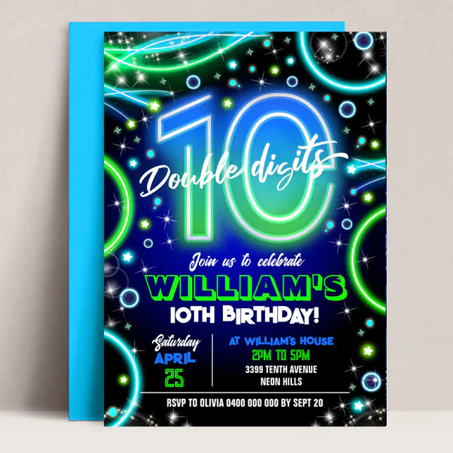 Boy Neon 10th Birthday Invitation Double Digits | Zazzle