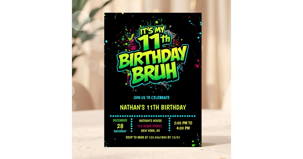 Boy Neon 11th Birthday Invitation Graffiti Style | Zazzle