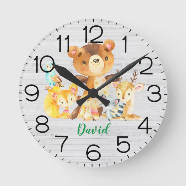 Boy Nursery Woodland Forest Animals Rustic Cute Round Clock | Zazzle