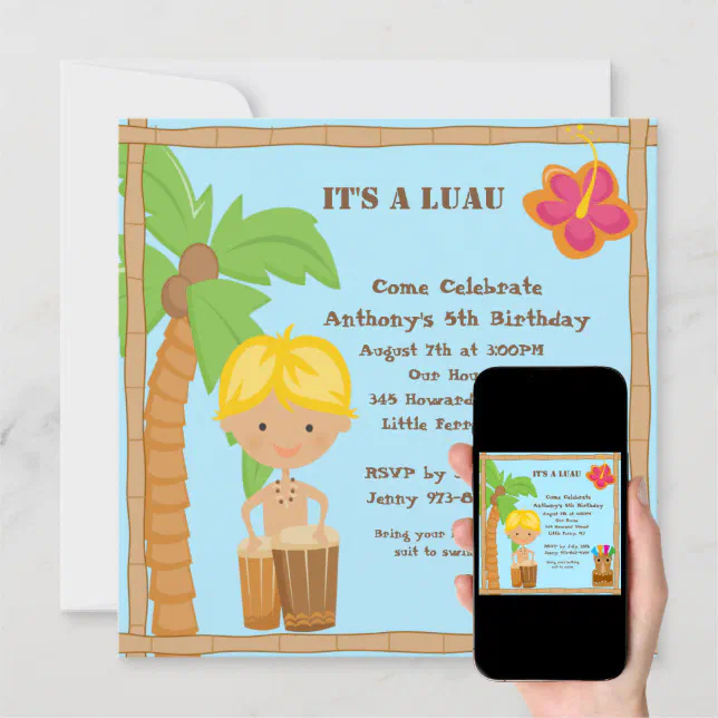 Boy on Bongo Luau Square Birthday Invitation | Zazzle