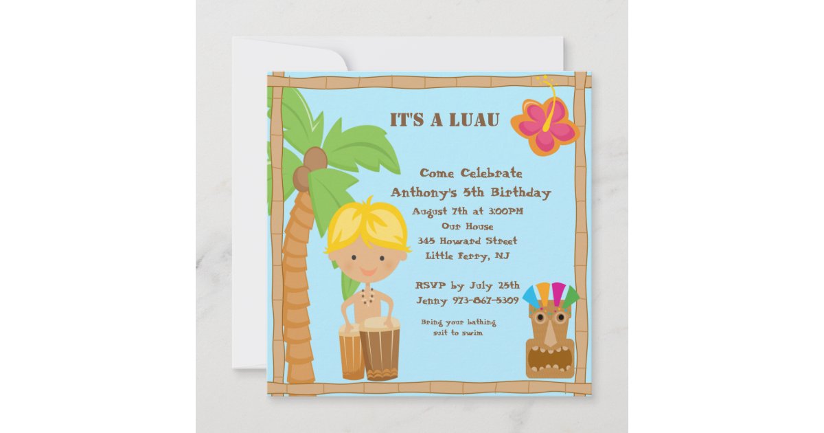 Boy on Bongo Luau Square Birthday Invitation | Zazzle