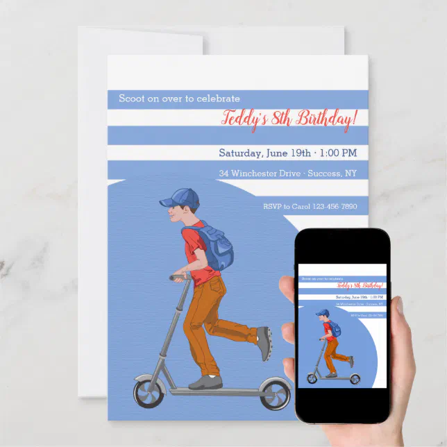 Boy on Scooter Birthday Party Invitation | Zazzle