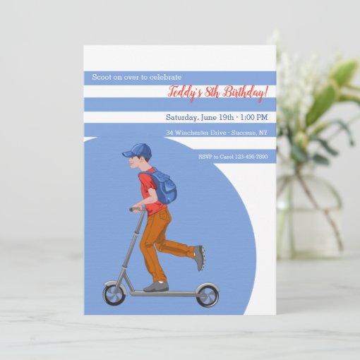 Boy on Scooter Birthday Party Invitation | Zazzle