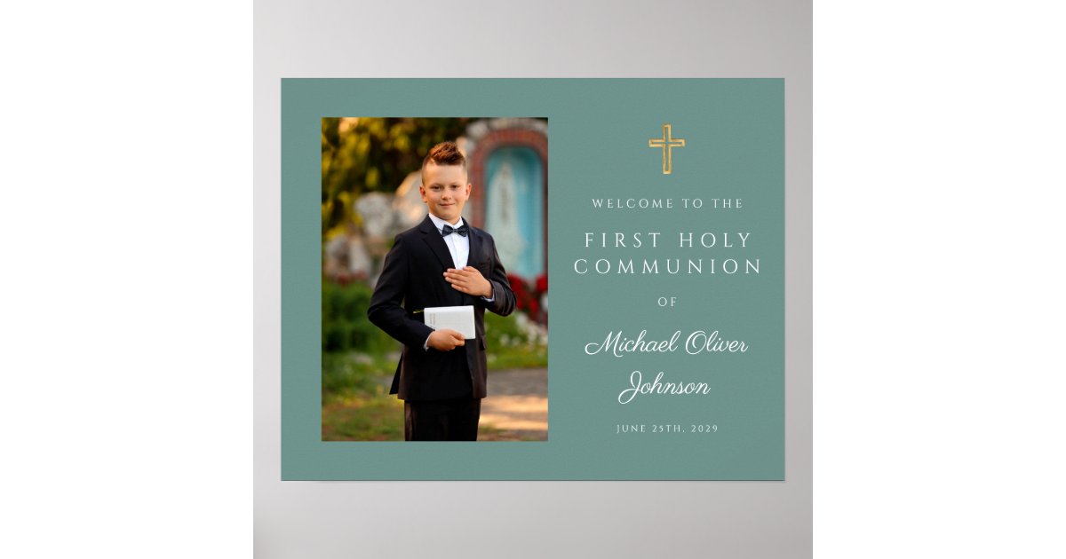Boy Photo First Communion Green Poster | Zazzle