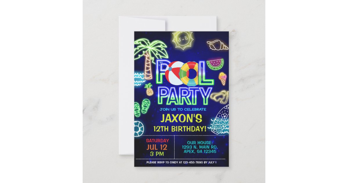 Boy Pool Birthday Bash, neon glow pool party. Invitation | Zazzle