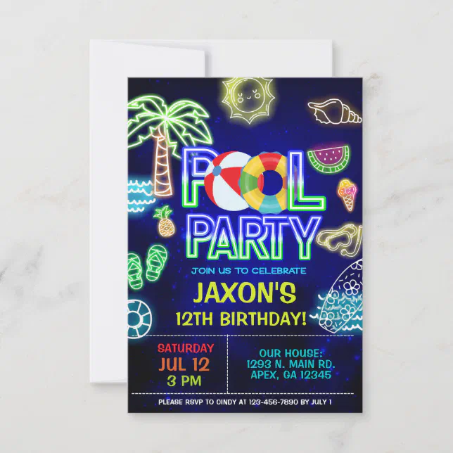 Boy Pool Birthday Bash, neon glow pool party. Invitation | Zazzle