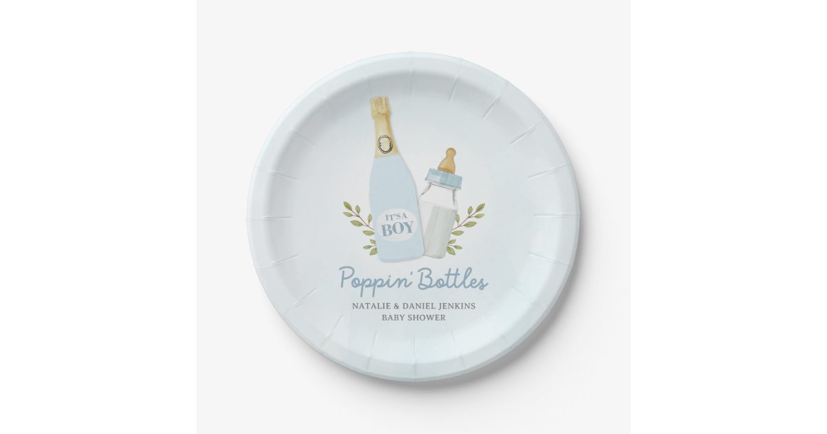 Boy Poppin Bottles Baby Shower Blue Paper Plates | Zazzle