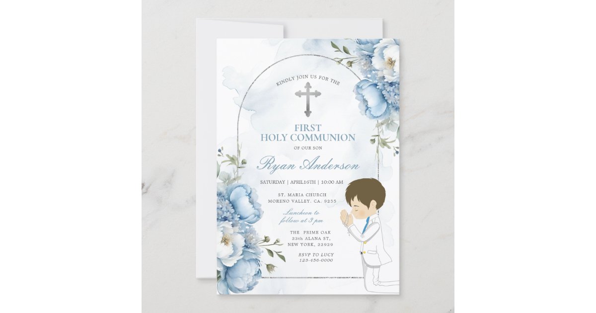 Boy Praying First Holy Communion Dusty Blue Floral Invitation | Zazzle
