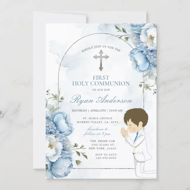 Boy Praying First Holy Communion Dusty Blue Floral Invitation | Zazzle