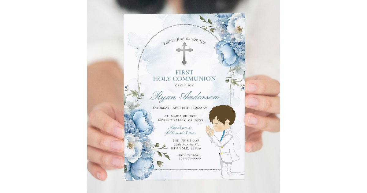 Boy Praying First Holy Communion Dusty Blue Floral Invitation | Zazzle