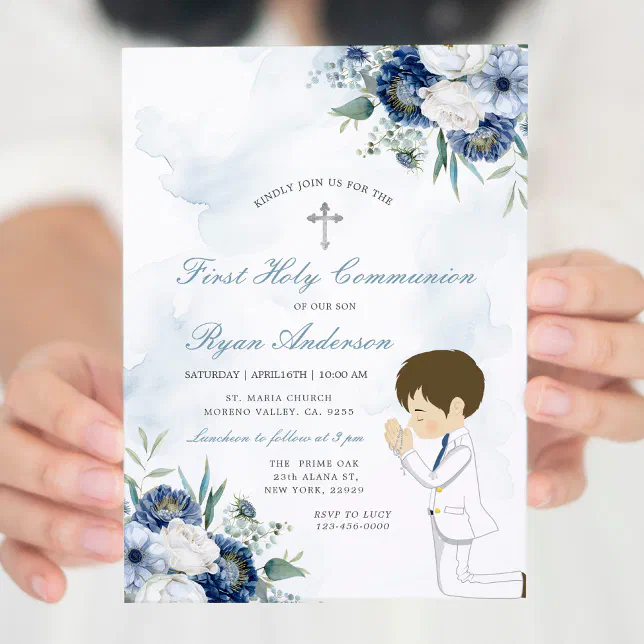 Boy Praying First Holy Communion Navy Blue Floral Invitation | Zazzle