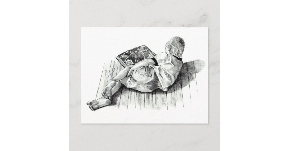 BOY READING BOOK: PENCIL REALISM ART POSTCARD | Zazzle
