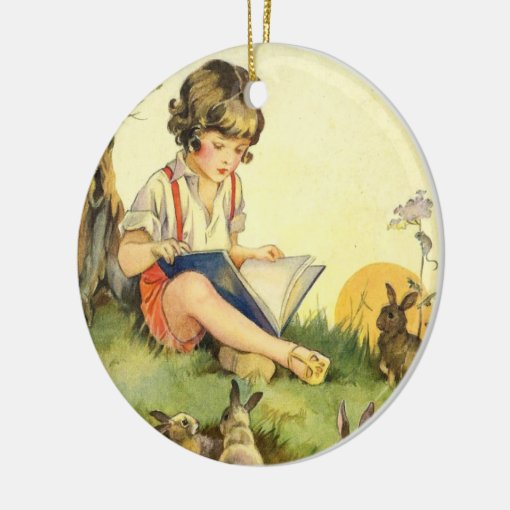 Boy reading under tree with rabbits ceramic ornament | Zazzle