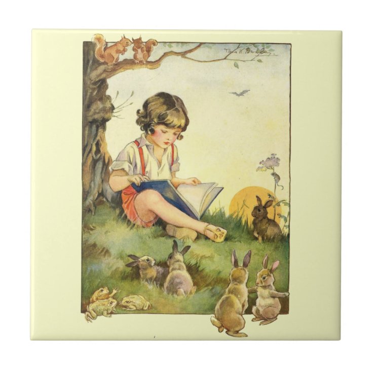 Boy reading under tree with rabbits ceramic tile | Zazzle