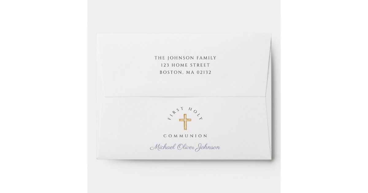 Boy Religious Cross Dusty Blue First Communion Envelope | Zazzle