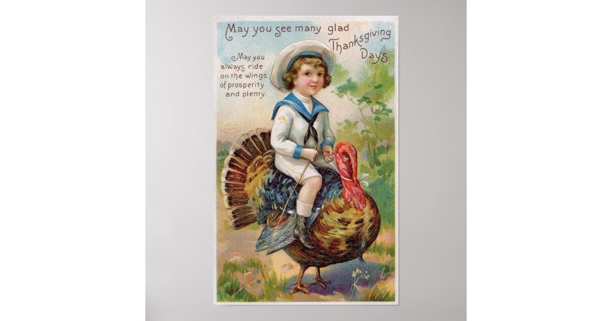 Boy Riding Turkey Vintage Art Poster | Zazzle