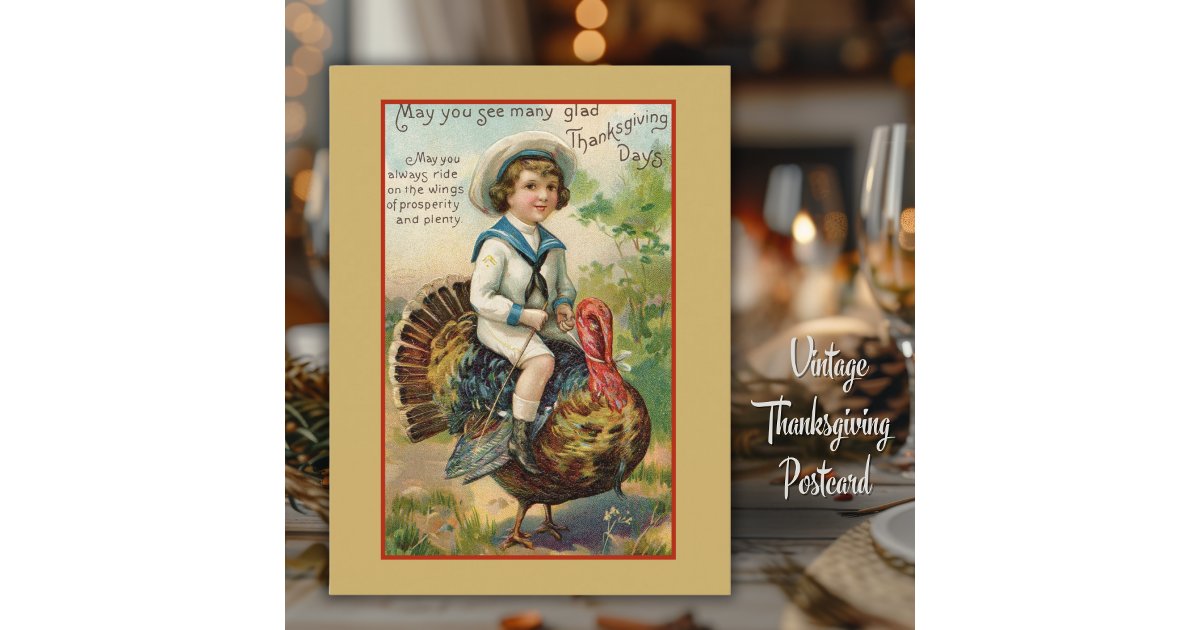 Boy Riding Turkey Vintage Thanksgiving Postcard | Zazzle