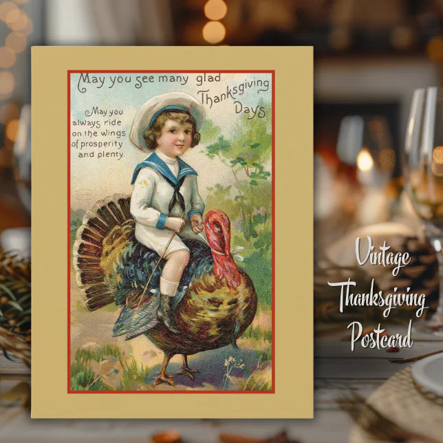 Boy Riding Turkey Vintage Thanksgiving Postcard | Zazzle