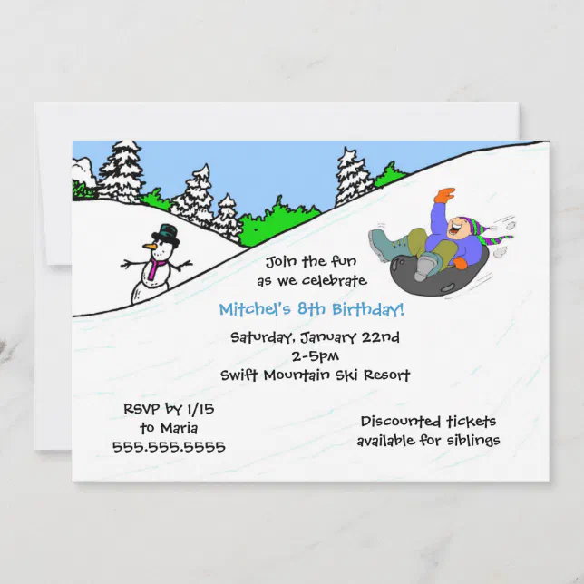 BOY Snow tubing winter birthday party invite | Zazzle