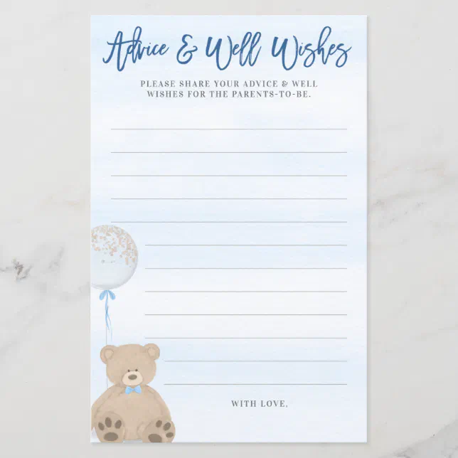 Boy Teddy Bear Blue Balloon Baby Advice Card | Zazzle
