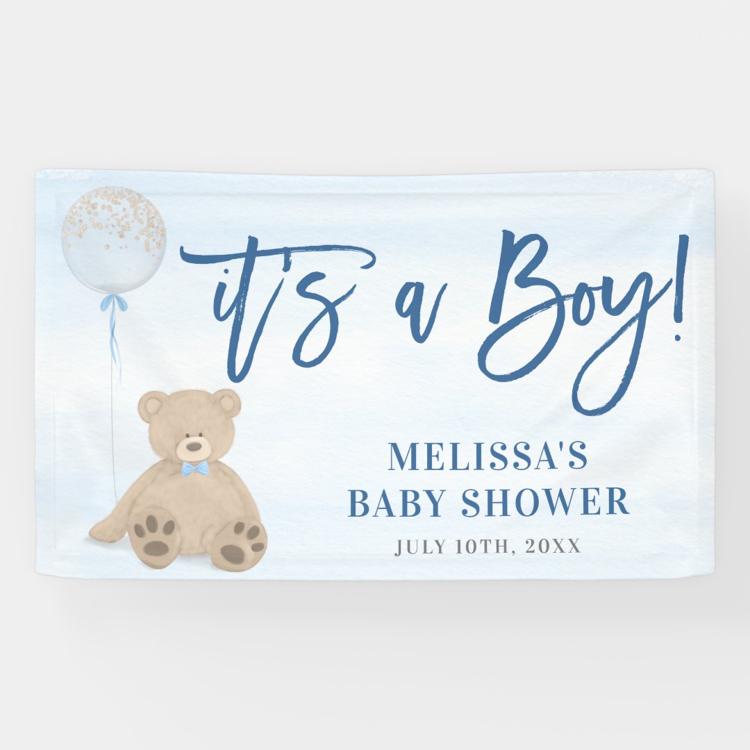 Boy Teddy Bear Blue Balloon Baby Shower Banner | Zazzle