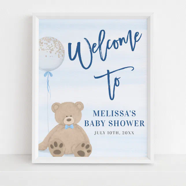 Boy Teddy Bear Blue Balloon Welcome Sign Poster | Zazzle