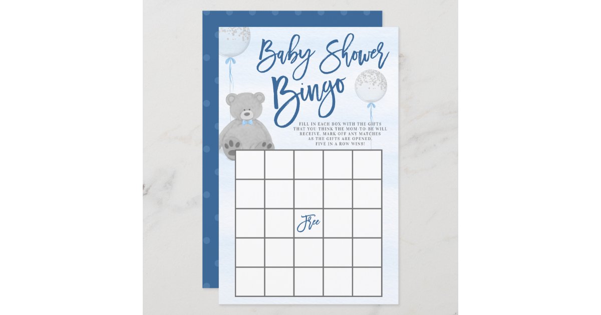 Boy Teddy Bear Blue Gray Balloon Baby Shower Bingo | Zazzle