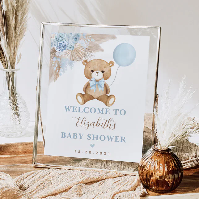 Boy Teddy Bear Boho Blue Floral Pampas Welcome Poster | Zazzle