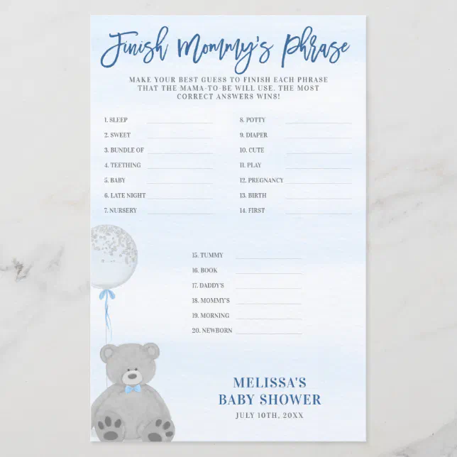 Boy Teddy Bear Gray Balloon Finish Mommy's Phrase | Zazzle