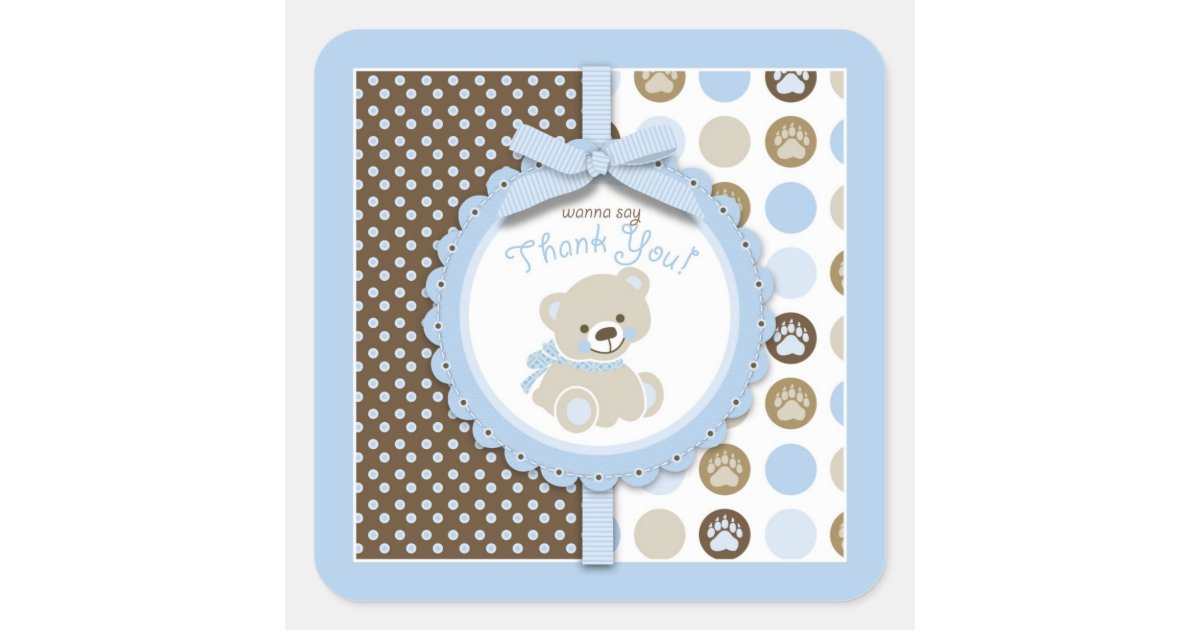 Boy Teddy Bear Thank You Square Sticker | Zazzle