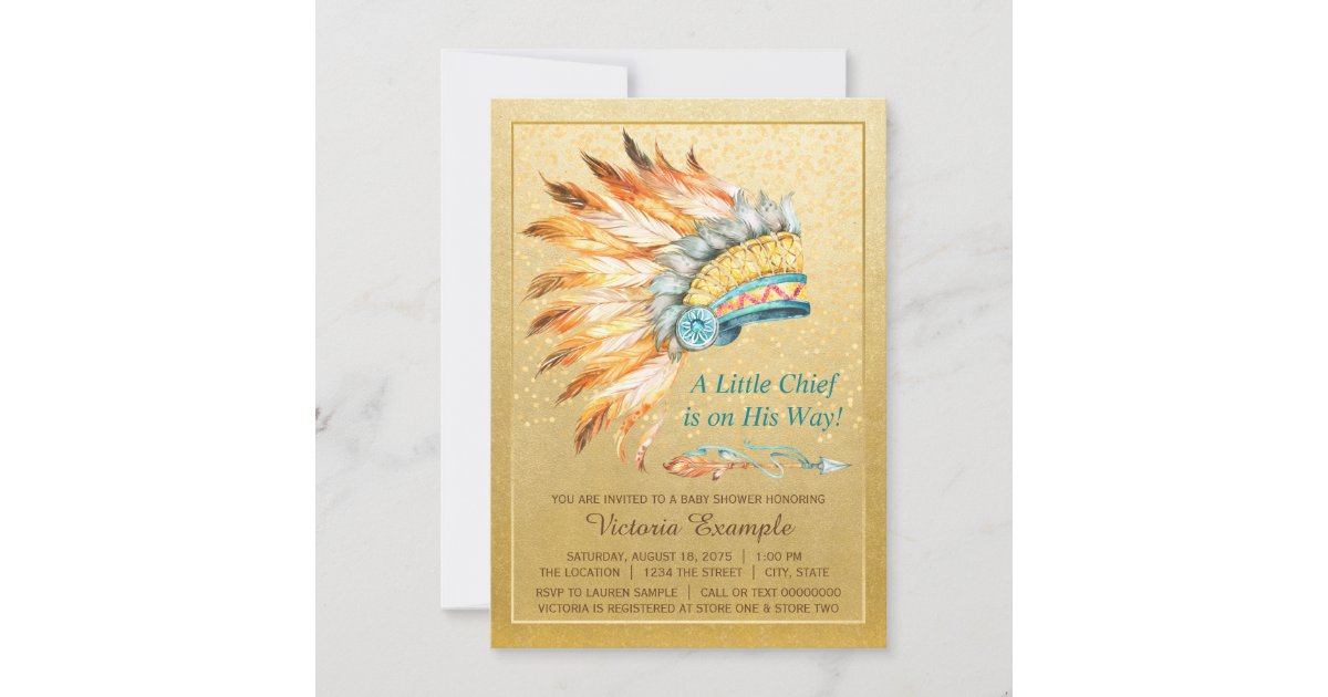 Boy Tribal Headdress Little Chief Boho Baby Shower Invitation | Zazzle