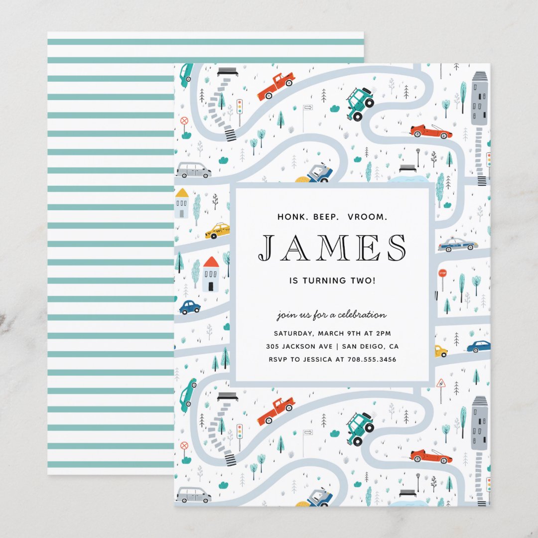 Boy Trucks And Cars City Second Birthday Party Invitation | Zazzle