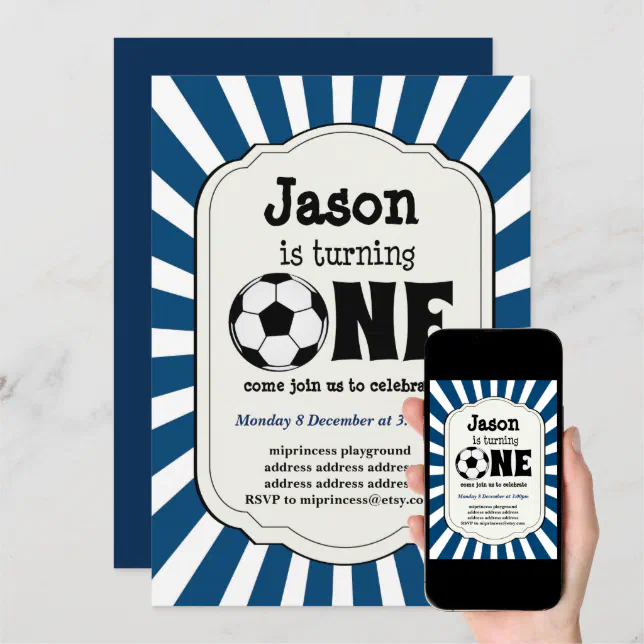 boy turning ONE Soccer Ball Invitation | Zazzle