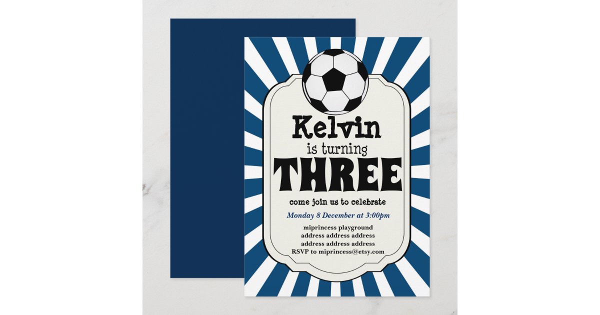 boy turning THREE Soccer Ball Invitation | Zazzle