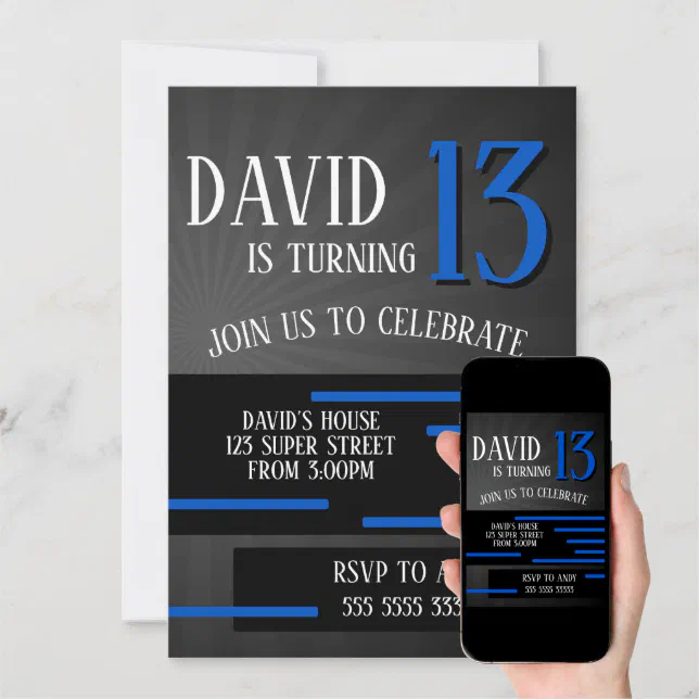 Boy Tween Teen Birthday Modern Simple Blue Invitation | Zazzle