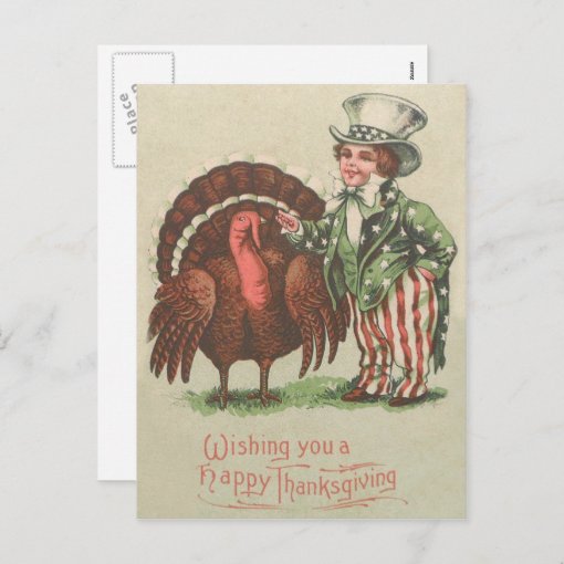 Boy Uncle Sam Thanksgiving Turkey Holiday Postcard | Zazzle