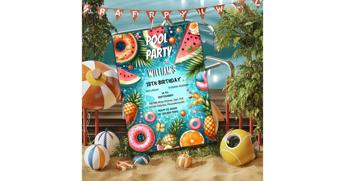 boy water blue Cool Pool Party 13th Birthday Invitation | Zazzle