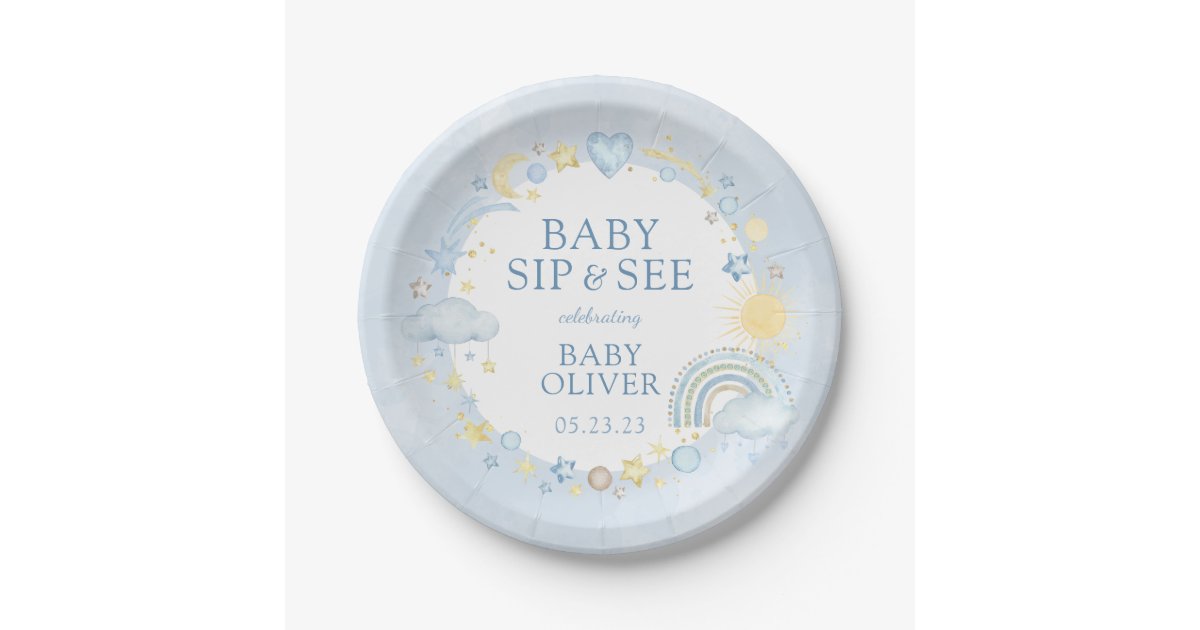 Boy Watercolor Rainbow Sip And See Paper Plates | Zazzle